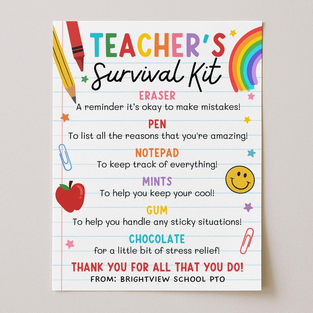 Teacher Survival Kit Tag for Teacher Appreciation Week, 1st Day of ...