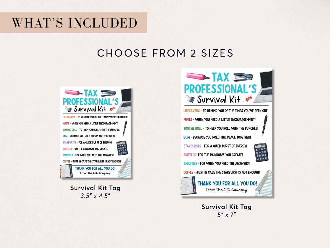Tax Professional's Survival Kit Tag, Tax Preparation Appreciation Thank ...