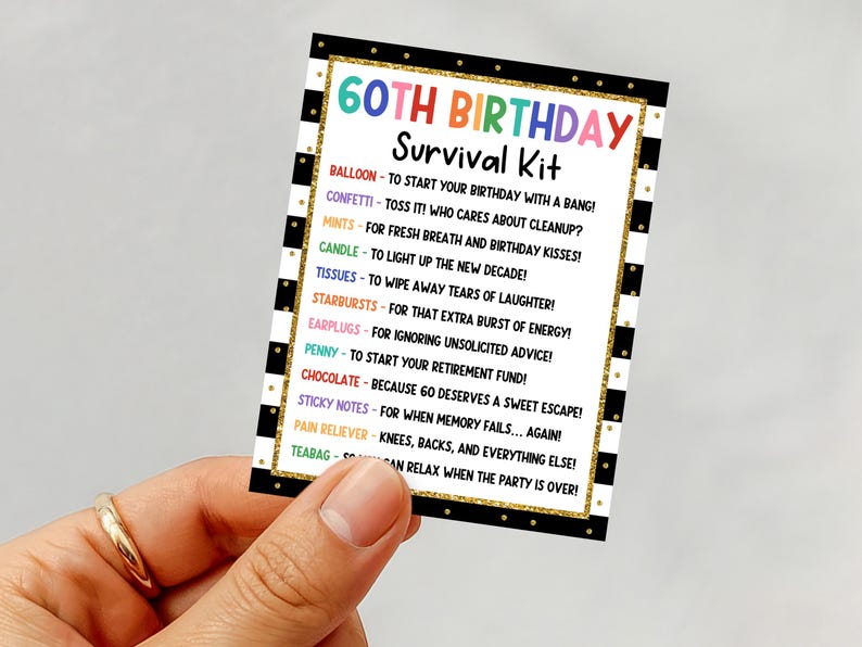 60th Birthday Survival Kit Tag, Born in 1965 Funny Gag Gift for Friends ...