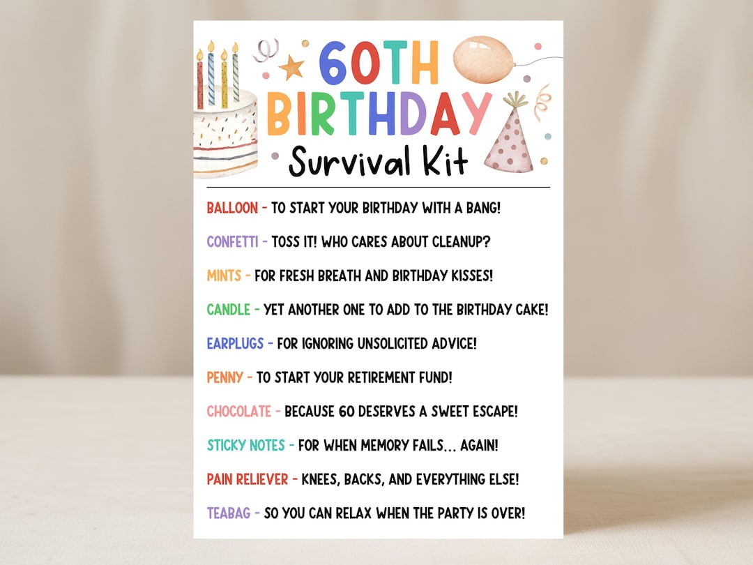 60th Birthday Survival Kit Tag, Funny Gag Gift for Friends, Over the ...