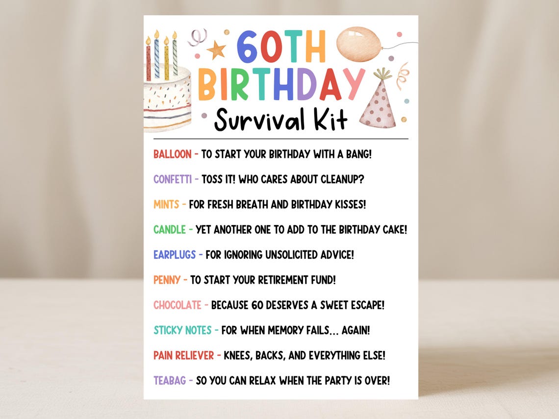 60th Birthday Survival Kit Tag, Funny Gag Gift for Friends, Over the ...