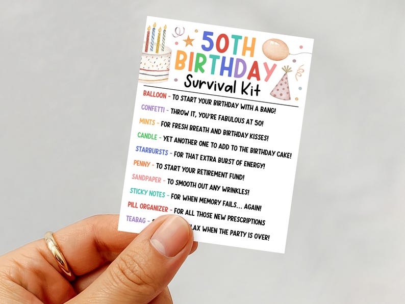 50th Birthday Survival Kit Tag, Funny Gag Gift for Friends, Over the ...