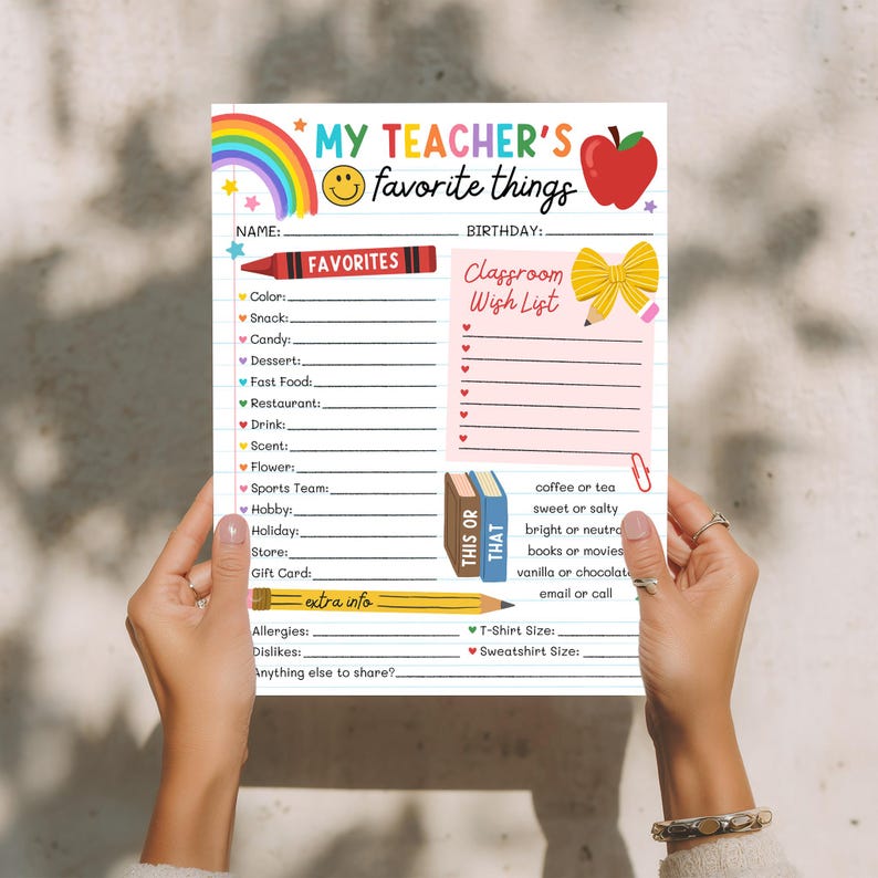 Teacher Favorite Things List Template, Teacher Questionnaire Printable ...