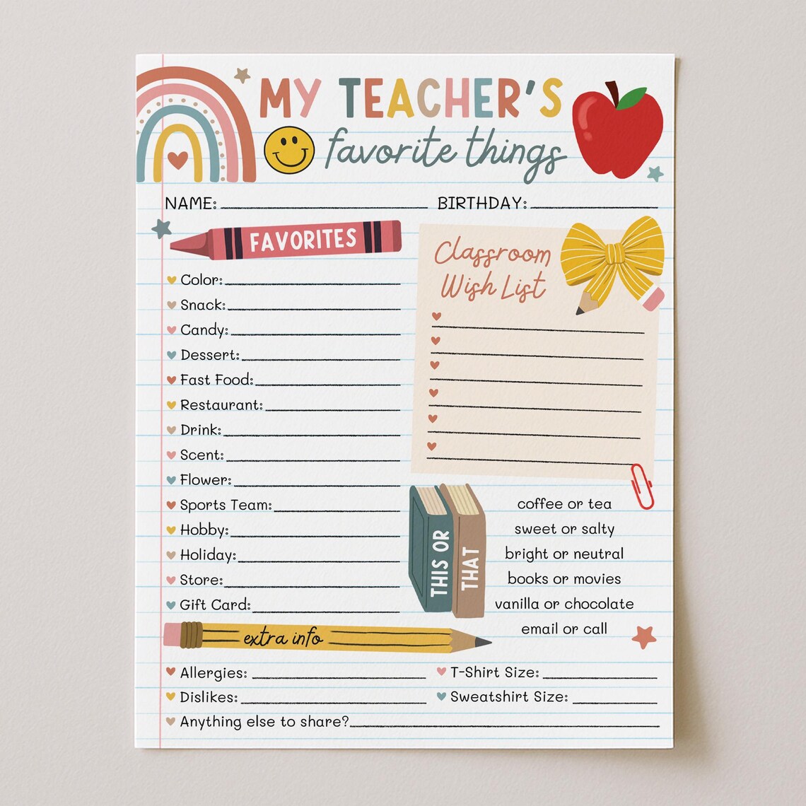 Teacher Favorite Things List Boho Template, Teacher Questionnaire ...
