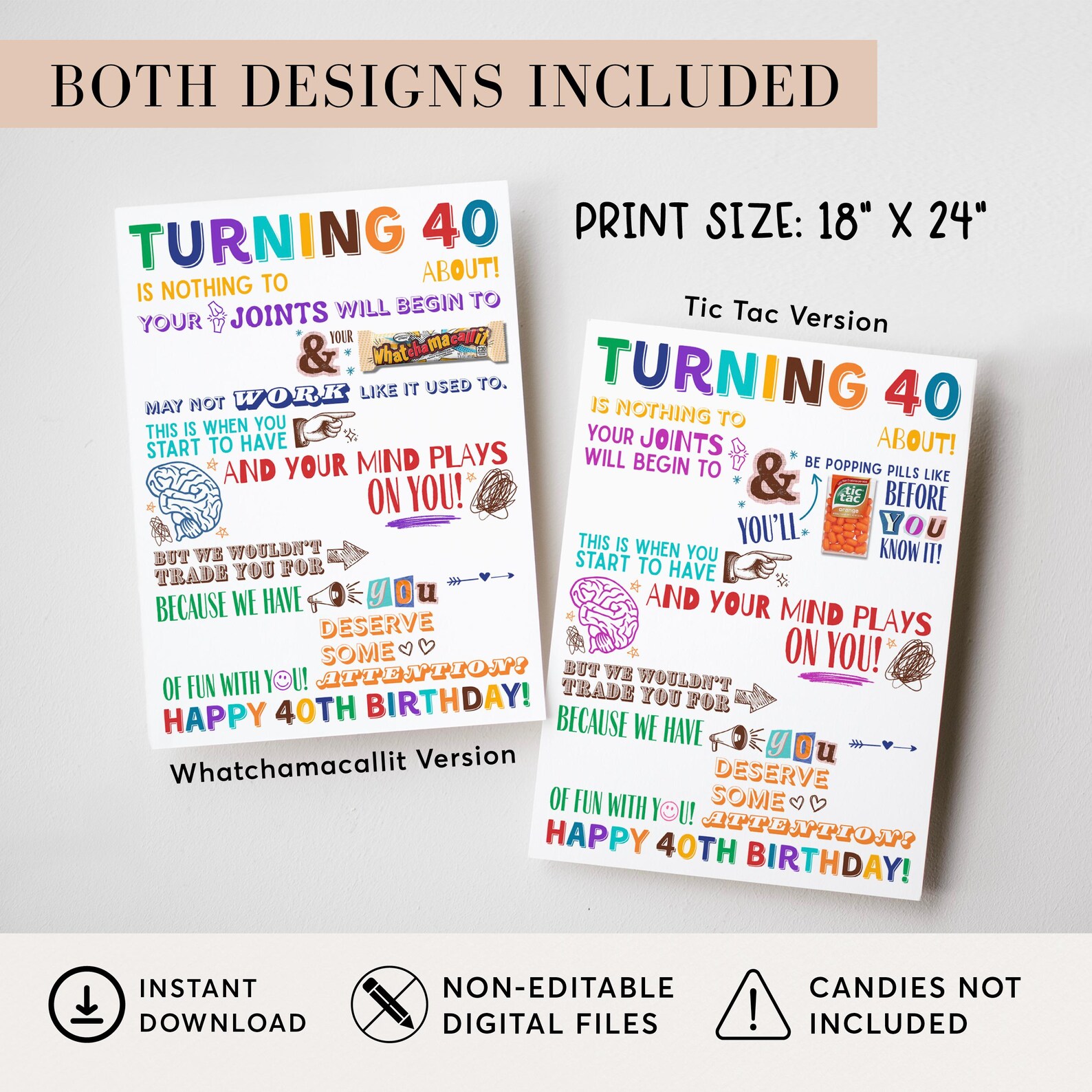 40th Birthday Candy Poster Printable, Turning 40 Candy Gram Card DIY ...