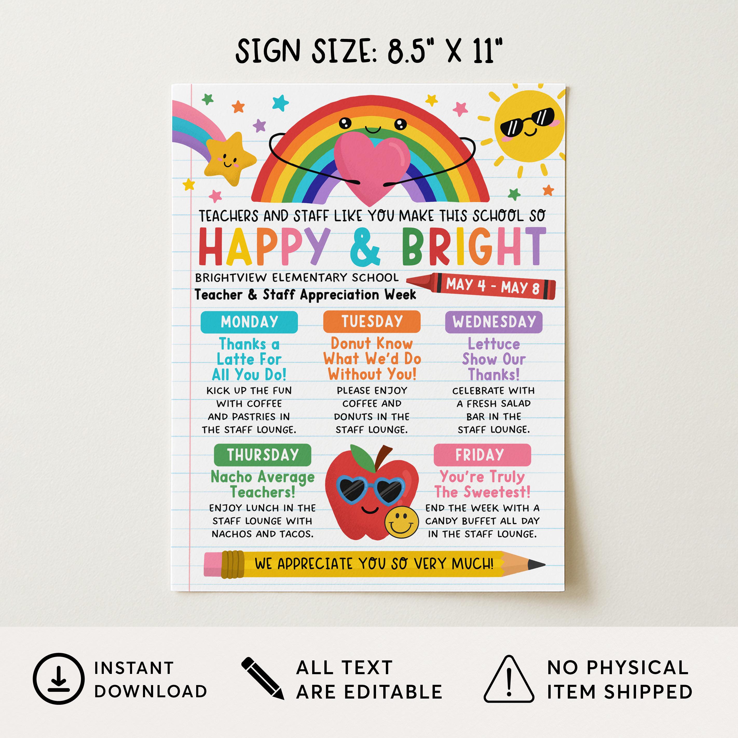 Rainbow Theme Teacher Appreciation Week Itinerary Poster, Teacher Week ...