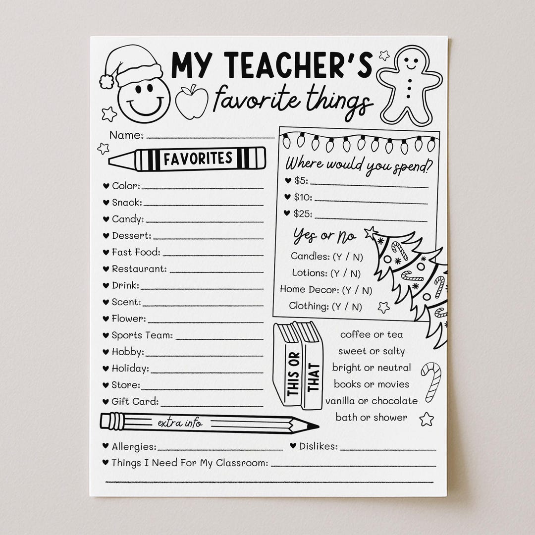 Teacher Christmas Wishlist Template, Daycare Favorite Things ...