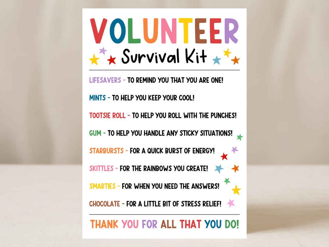 Volunteer Survival Kit Tag Printable, School Volunteer Appreciation ...