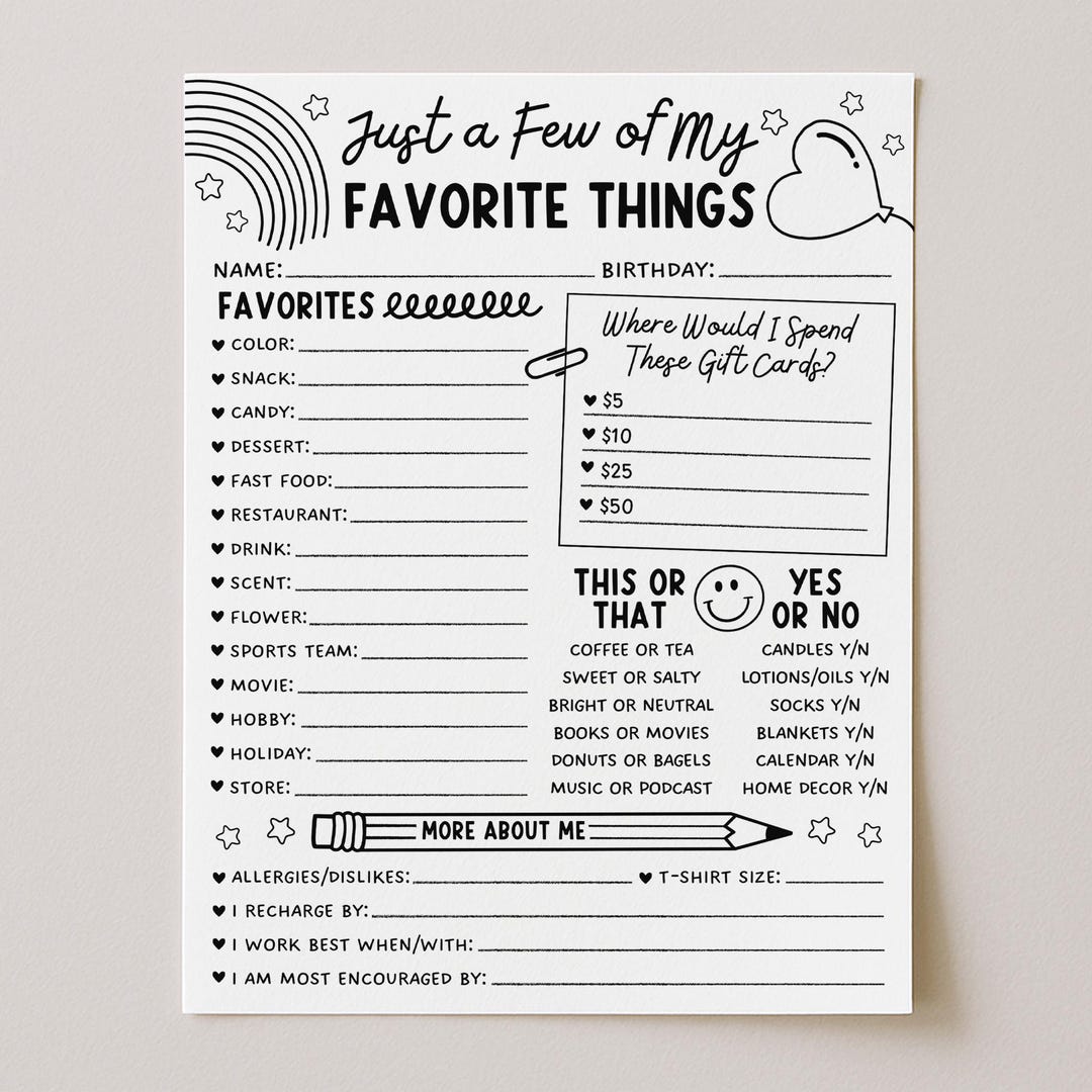 Employee Favorite Things Questionnaire, Employee Favorites List ...