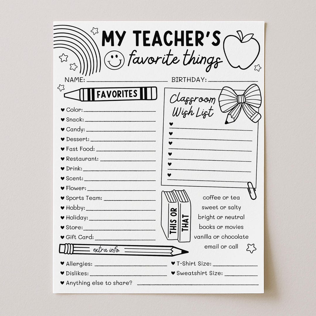 Teacher Favorite Things List, Get to Know Me Teacher Questionnaire ...
