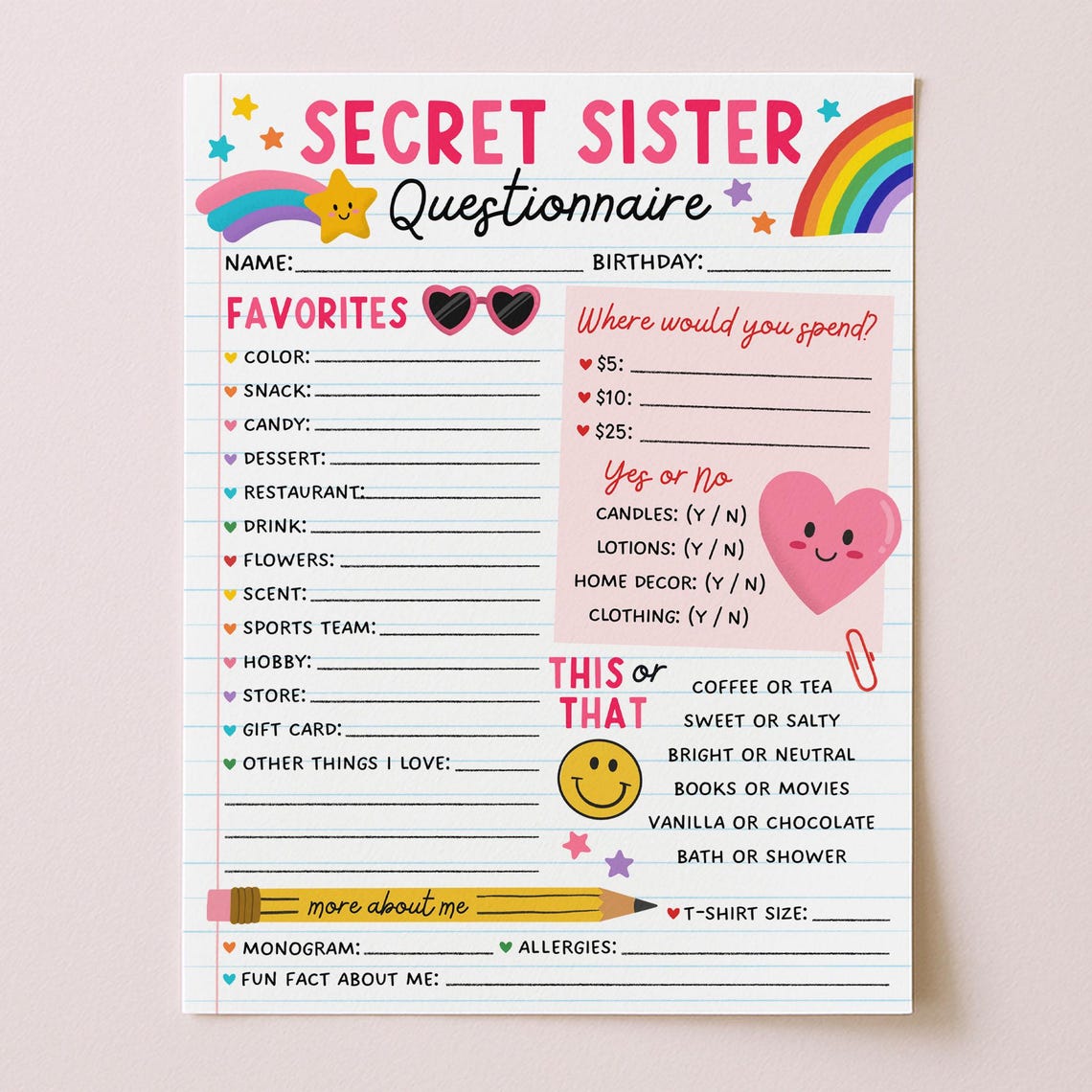 Secret Sister Questionnaire Printable, Church Gift Exchange, Secret Pal ...