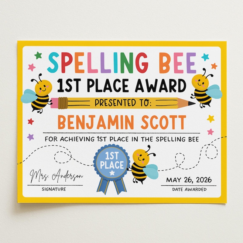 Spelling bee certificate template - Etsy México