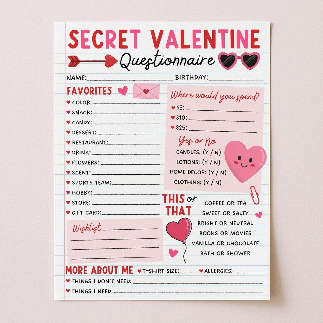 Secret Valentine Survey Questionnaire Printable, Secret Pal Cupid ...