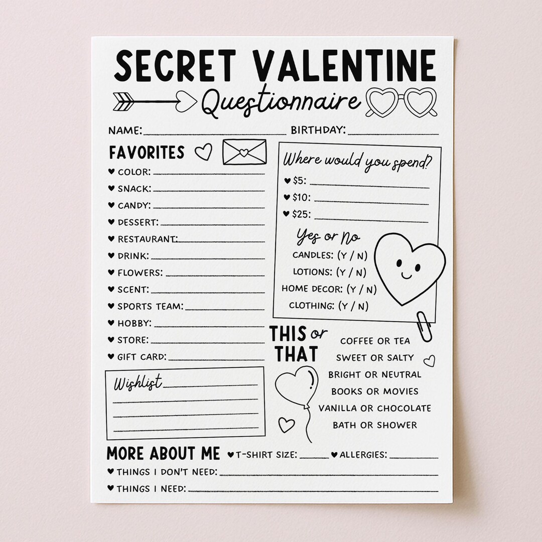 Valentine's Day Secret Pal Questionnaire, Secret Valentine Survey, My ...