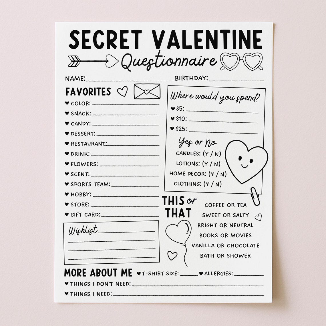 Valentine's Day Secret Pal Questionnaire, Secret Valentine Survey, My ...