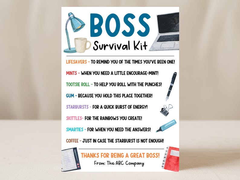Boss Survival Kit Tag, Happy Boss Day Appreciation Gift, Editable Funny ...