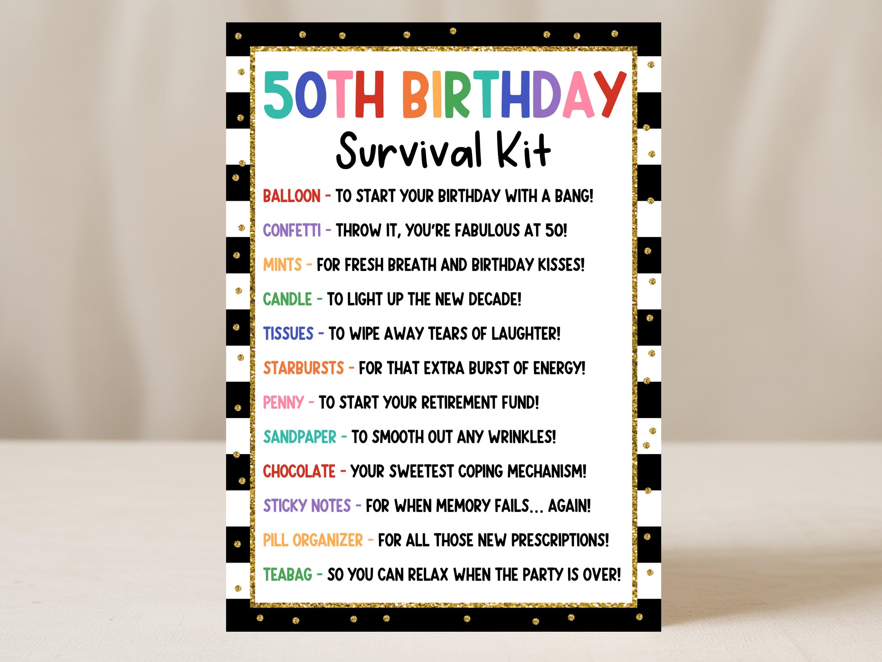 50th Birthday Survival Kit Tag, Funny Gag Gift for Friends Coworker ...