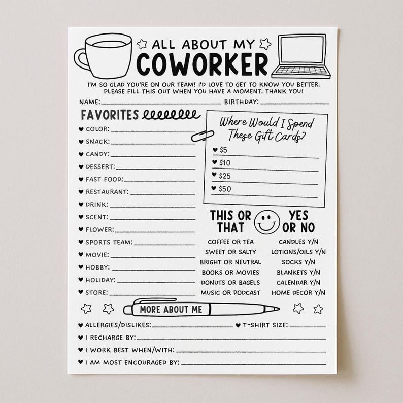 Employee Favorites List, All About My Coworker Printable,favorite ...