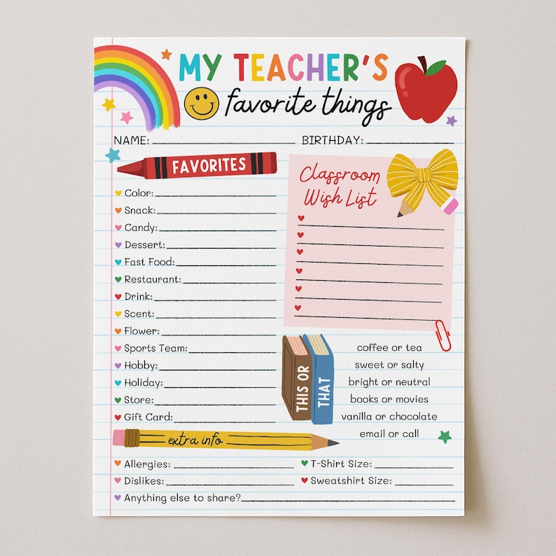 Teacher Favorite Things List Template, Teacher Questionnaire Printable ...