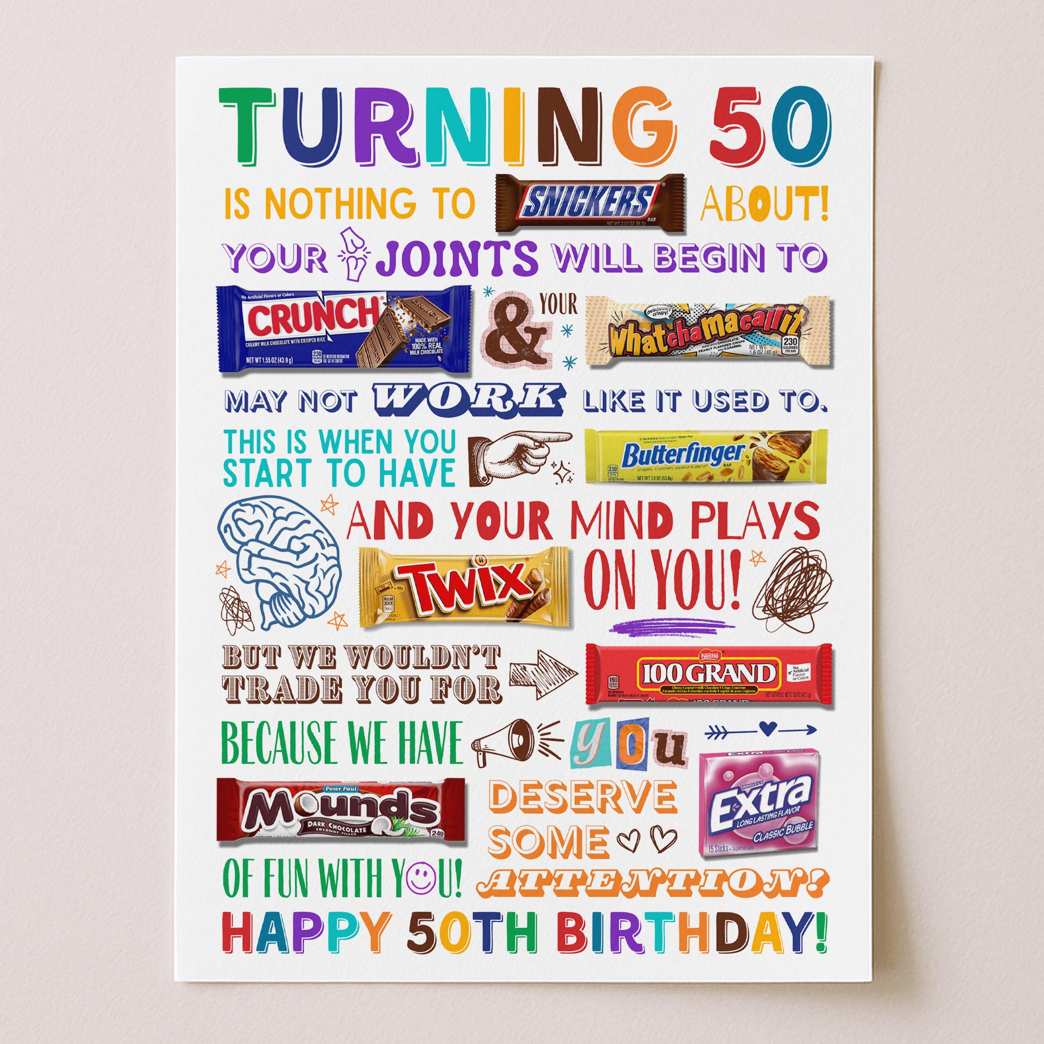 50th Birthday Candy Poster Printable, Turning 50 Candy Gram Card DIY ...
