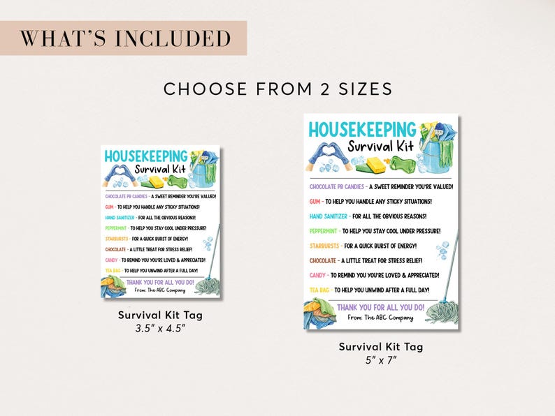 Housekeeping Survival Kit Tag Printable, Home Cleaning Company Staff ...