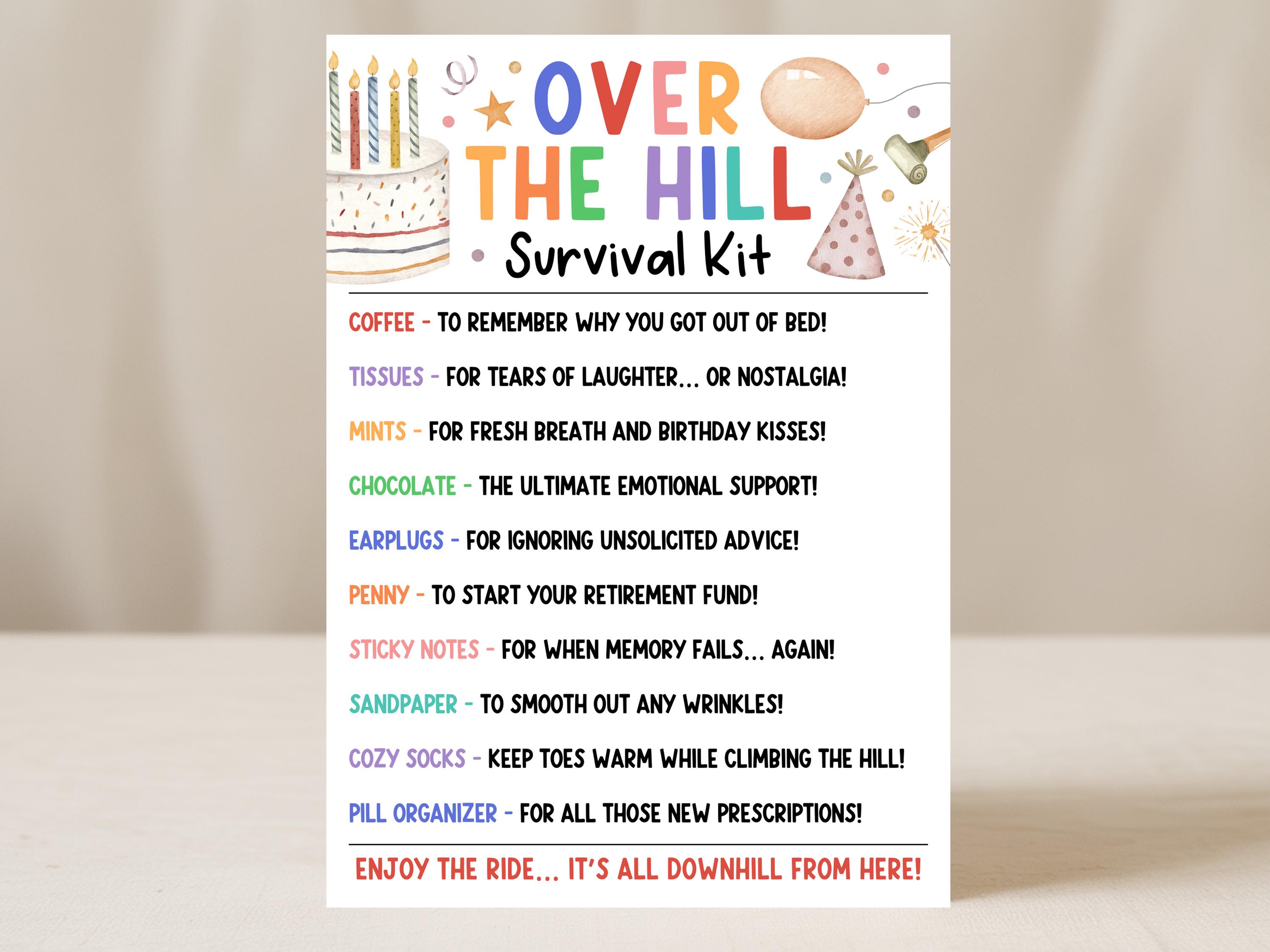 Over the Hill Birthday Survival Kit Tag, Funny Gag Gift for Friends ...
