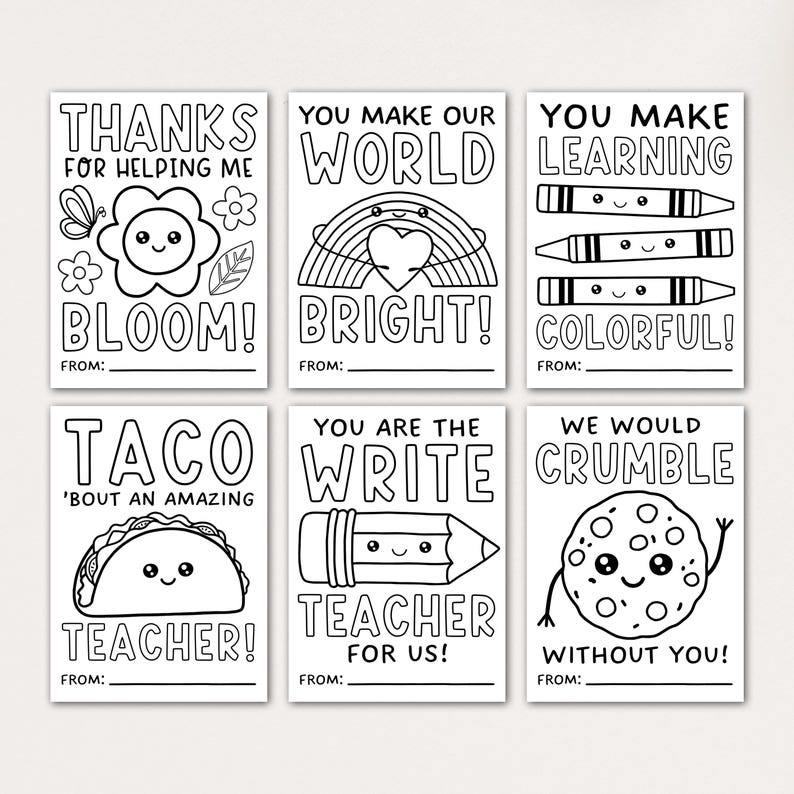 Teacher Appreciation Coloring Cards Bundle, End of Year Gift, Teacher ...