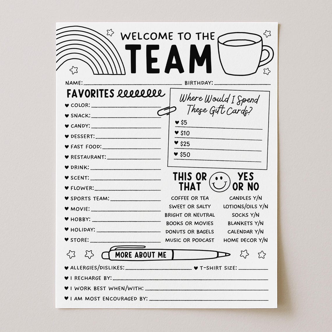 Team Building Staff Appreciation Questionnaire, Favorite Things Team ...