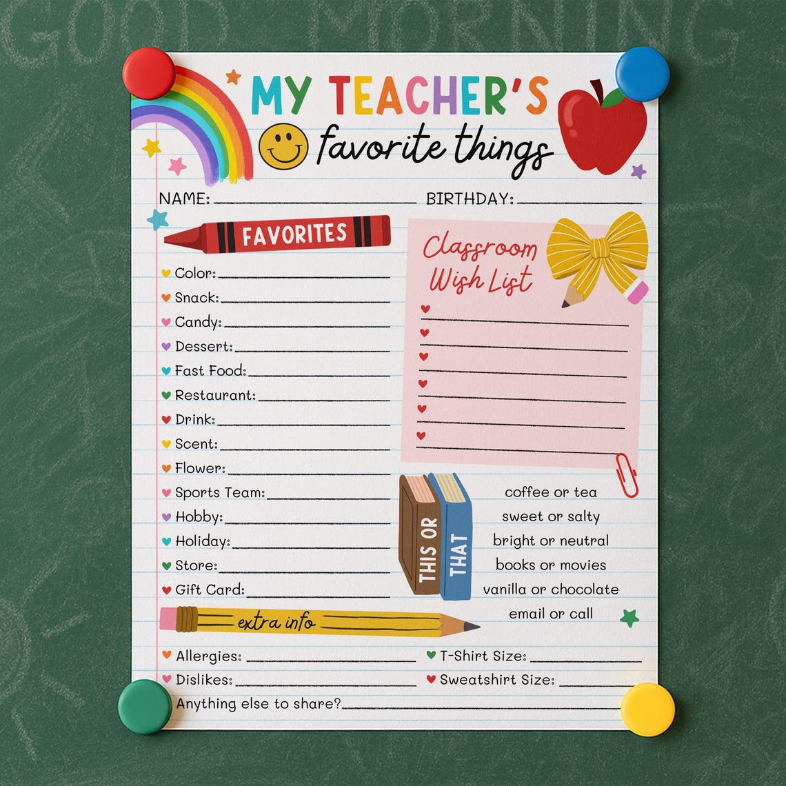 Teacher Favorite Things List Template, Teacher Questionnaire Printable ...