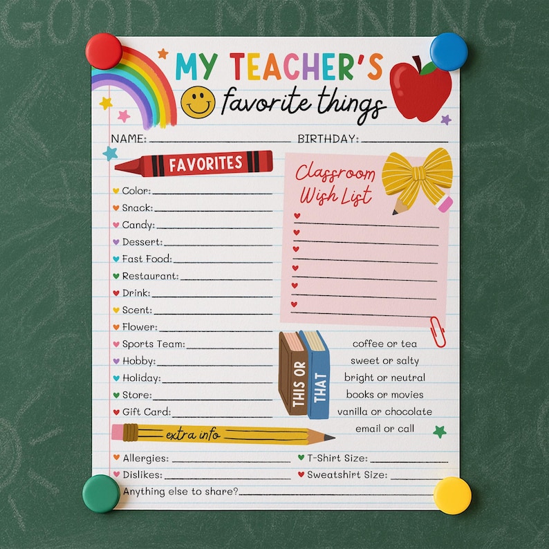 Teacher Favorite Things List Template, Teacher Questionnaire Printable ...