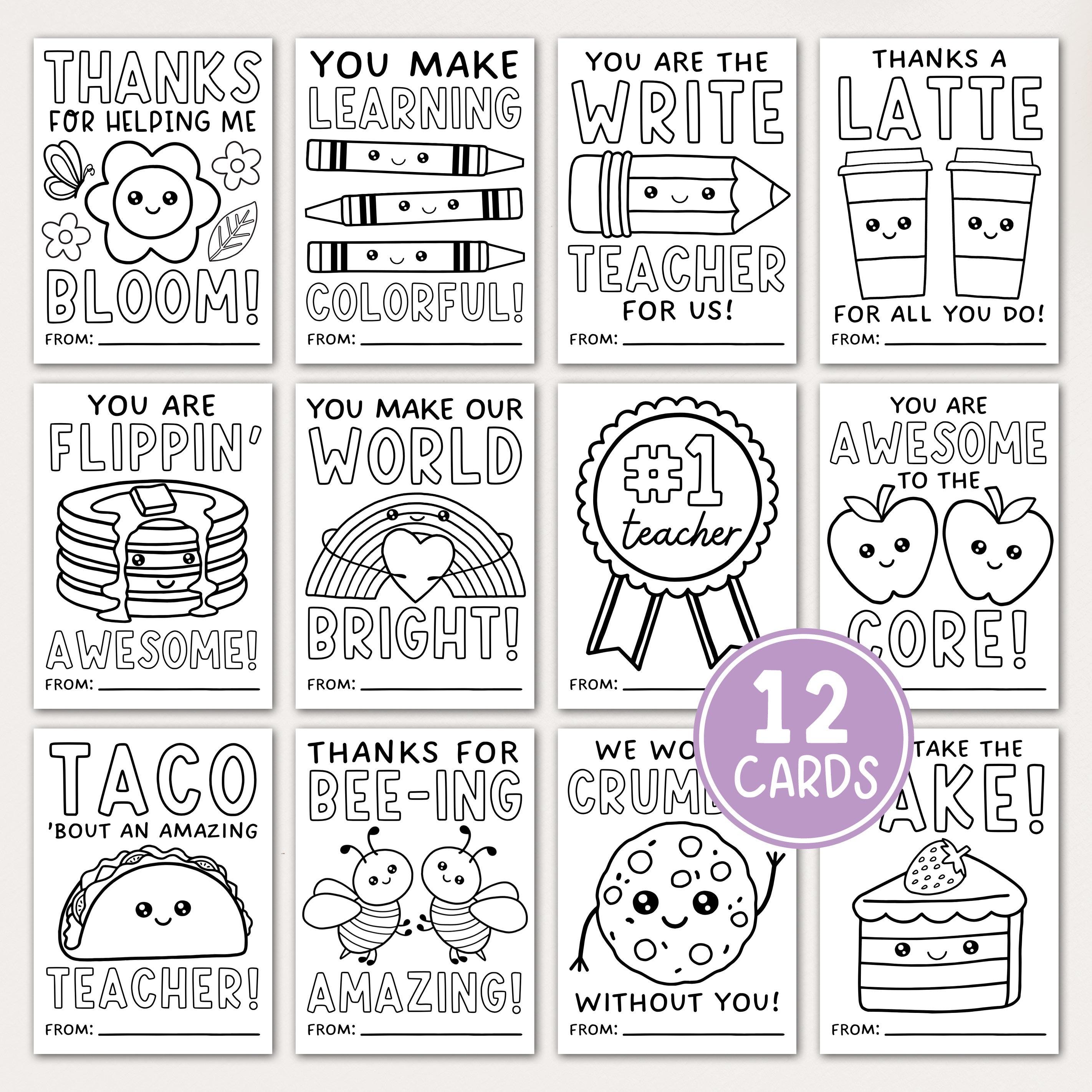 Teacher Appreciation Coloring Cards Bundle, End of Year Gift, Teacher ...