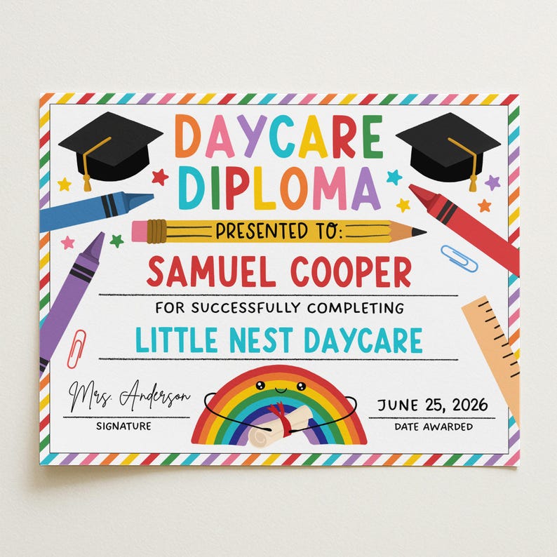 Daycare Diploma, Preschool Graduation Certificate Template Printable ...