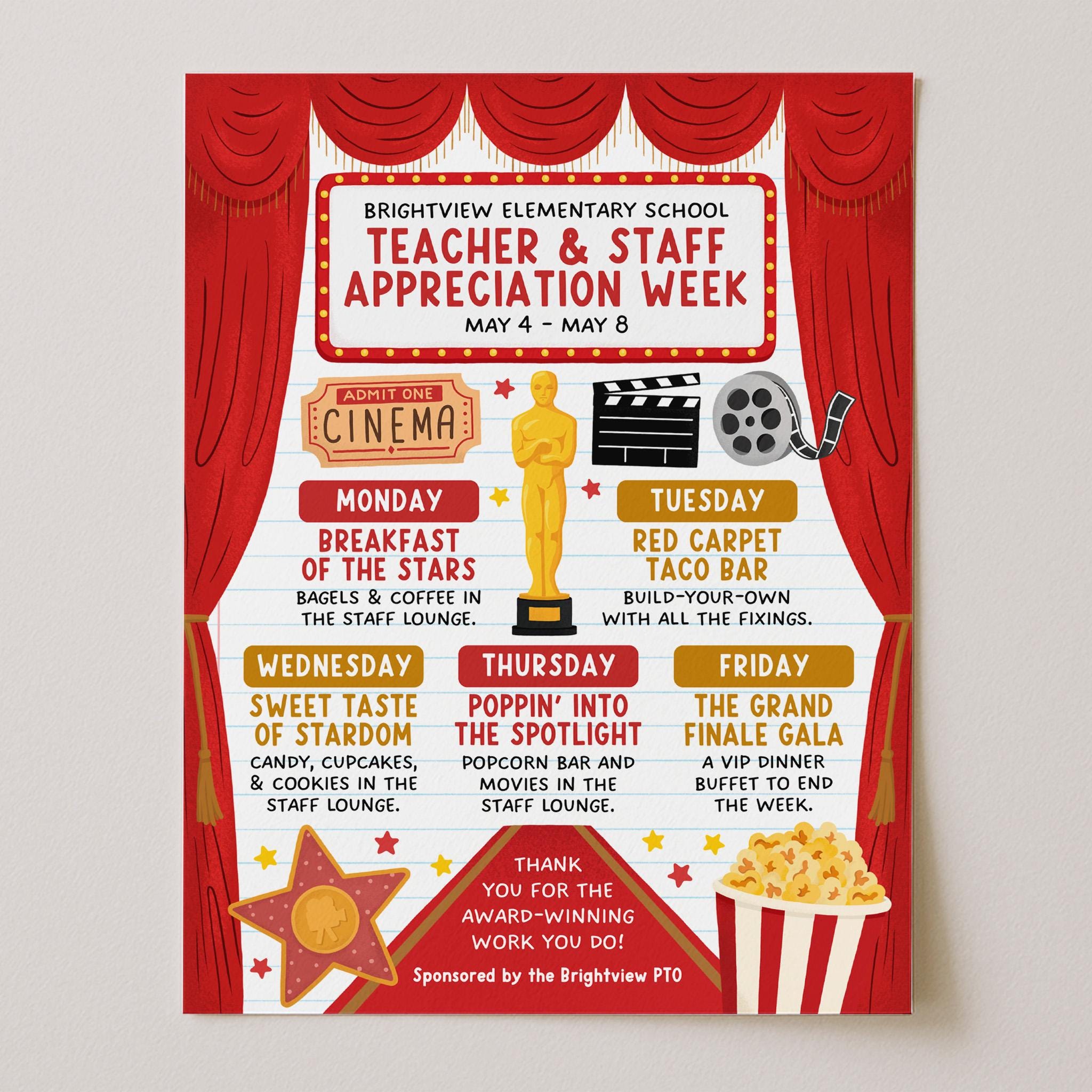 Hollywood Teacher Appreciation Week Itinerary Flyer, Movie Theme Staff ...