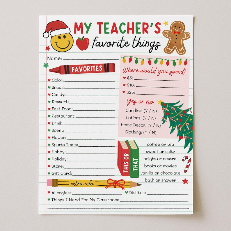 Teacher Christmas Wishlist Template, Teacher Favorite Things ...