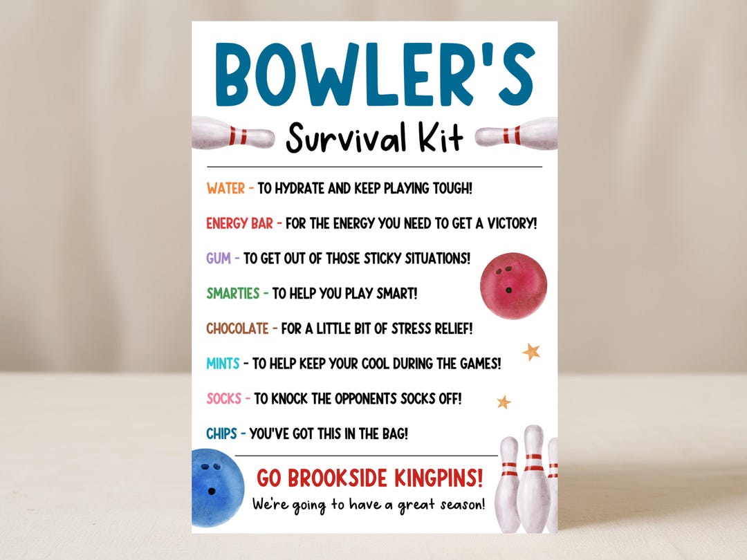 Bowling Survival Kit Tag, Fun Bowlers Gift Idea, Editable Goodie Bag ...