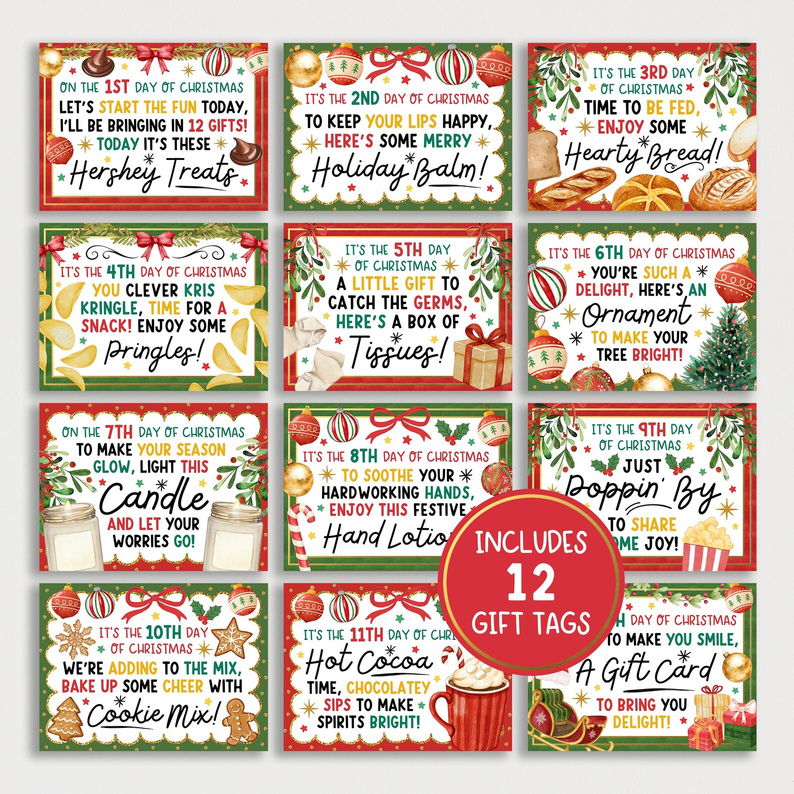 12 Days of Christmas Teacher Gift Tags, Secret Santa Gift for School ...