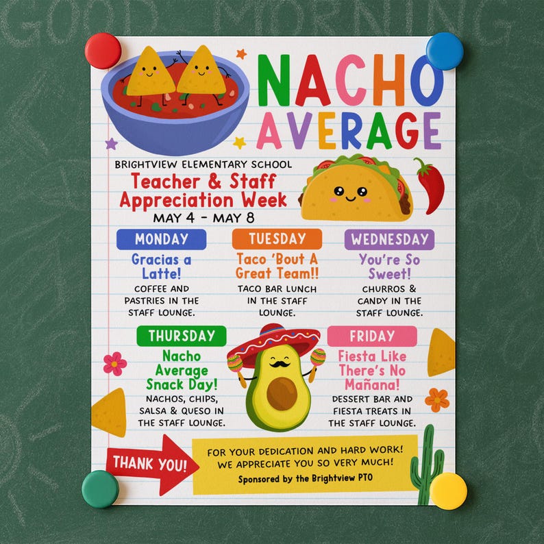 Nacho Average Teacher Appreciation Week Itinerary Poster, Mexican ...