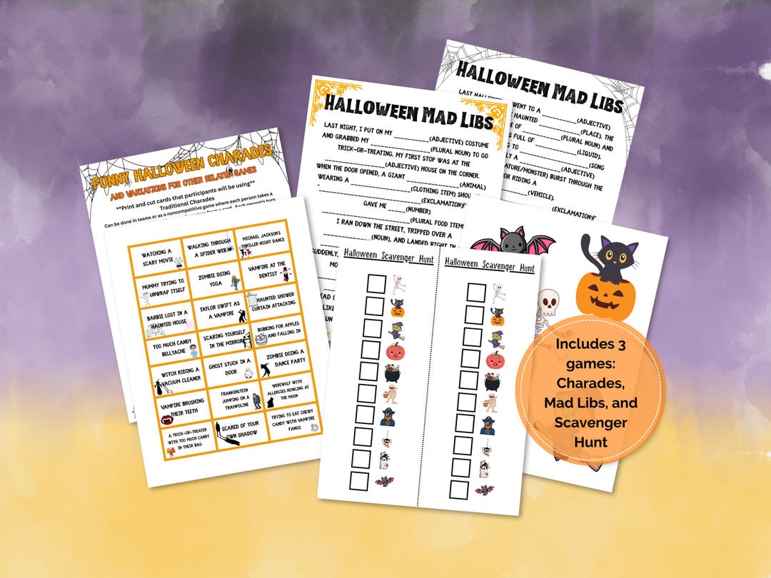 Halloween Game Bundle, Charades, Scavenger Hunt, Mad Libs (printable ...