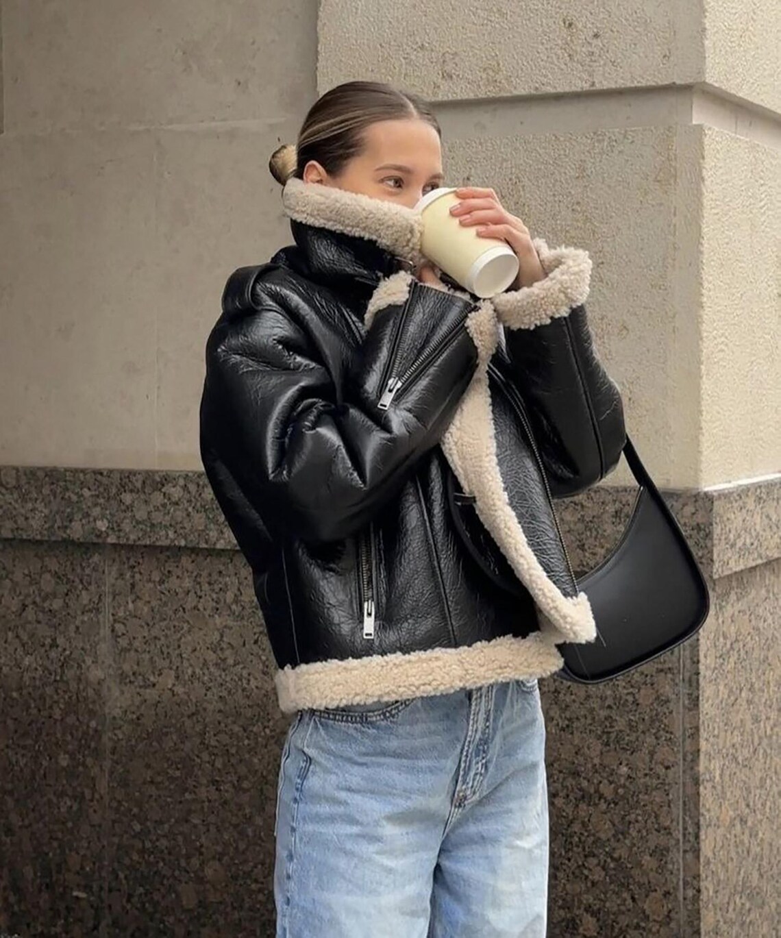Women Handmade Shearling Sheepskin Fur-lined Collar Leather Aviator ...