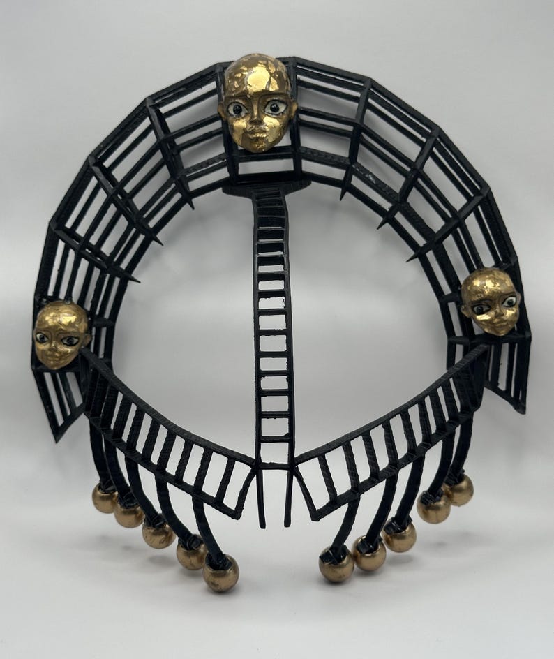 Avant-garde Fashion Set: 3D Bra, Cage Bag & Gold Crown - Designer ...