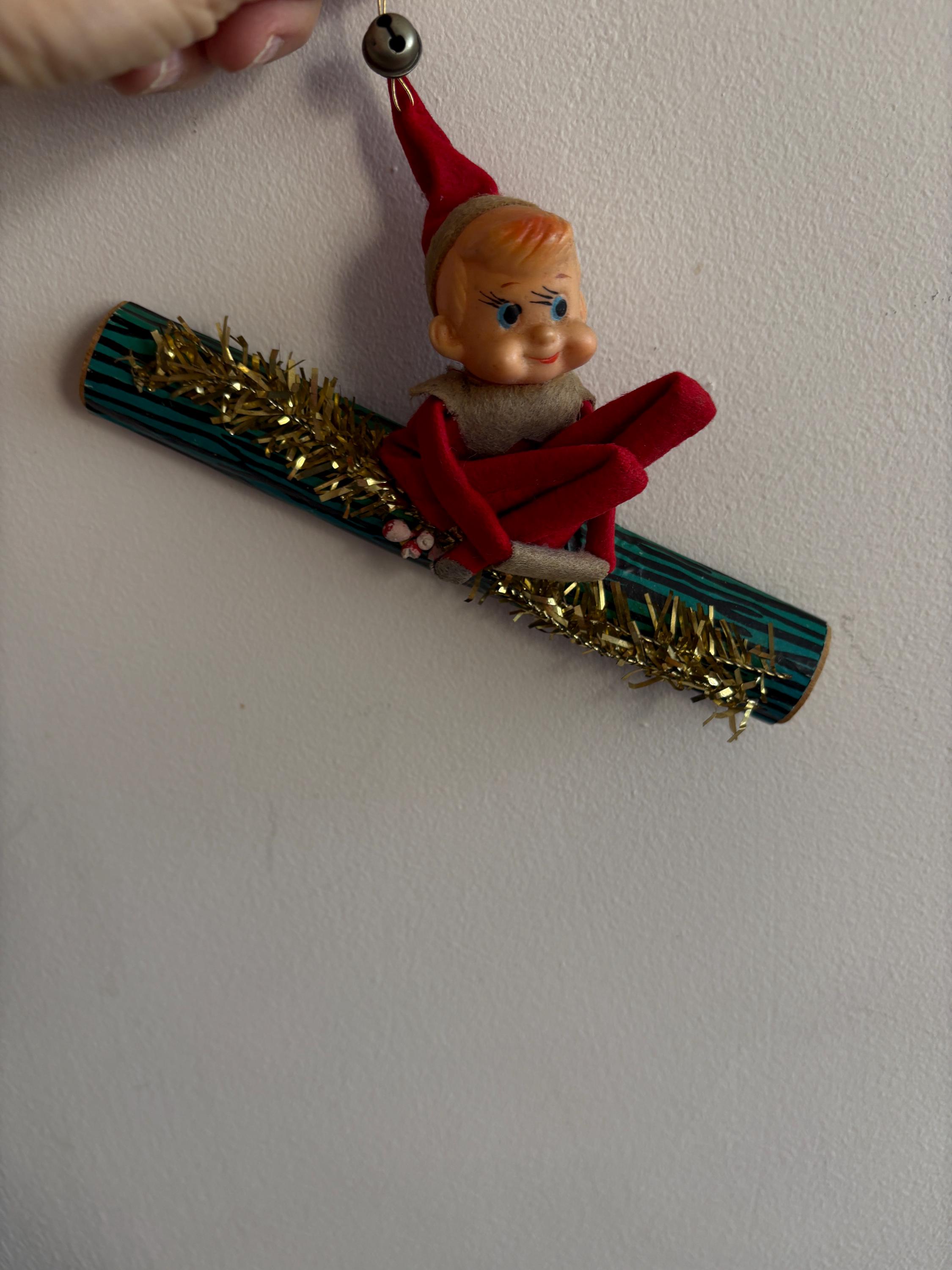 Vintage Adorable Elf Pixie Knee Hugger on a Log Christmas Decor Wall ...