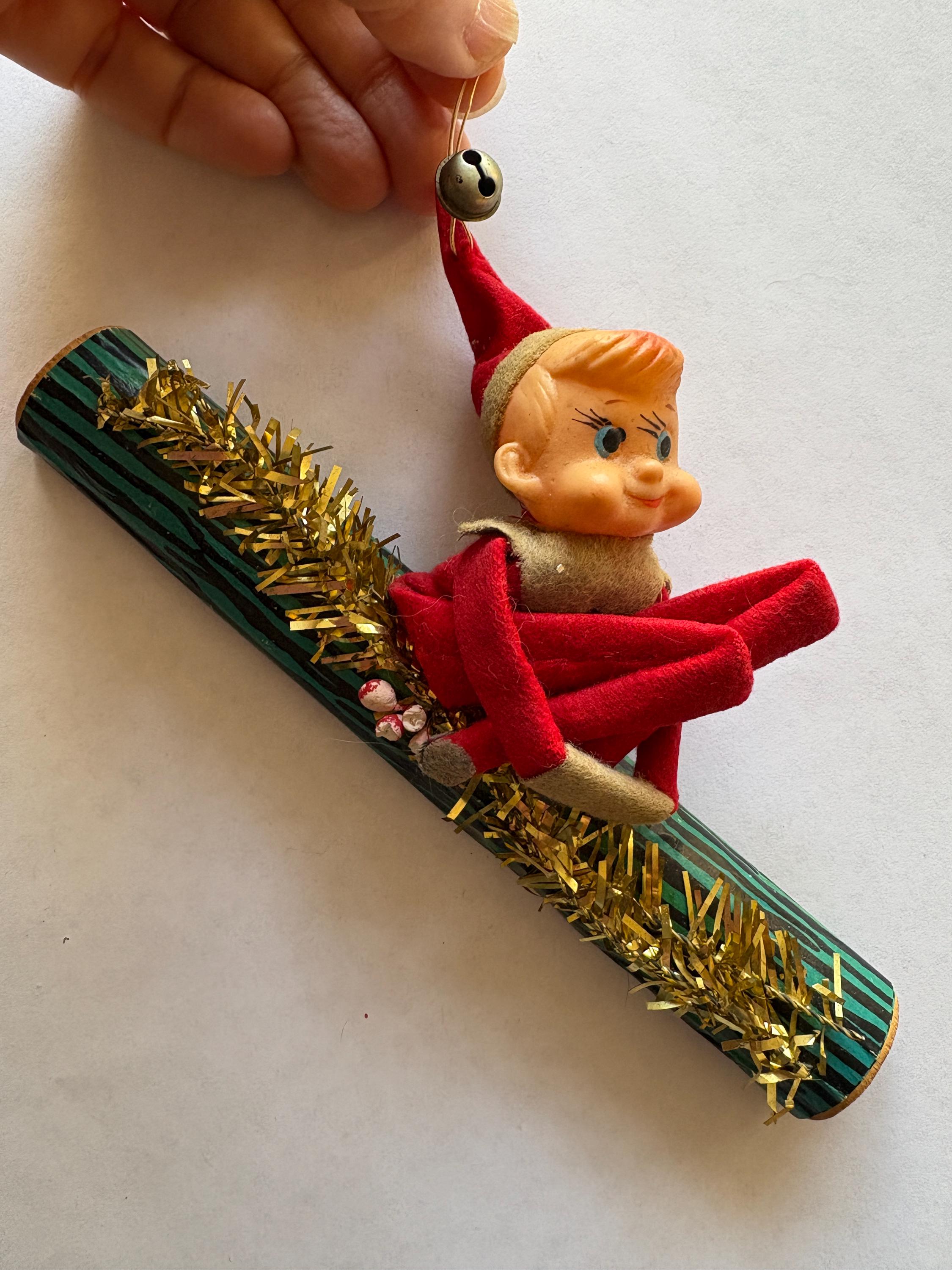 Vintage Adorable Elf Pixie Knee Hugger on a Log Christmas Decor Wall ...