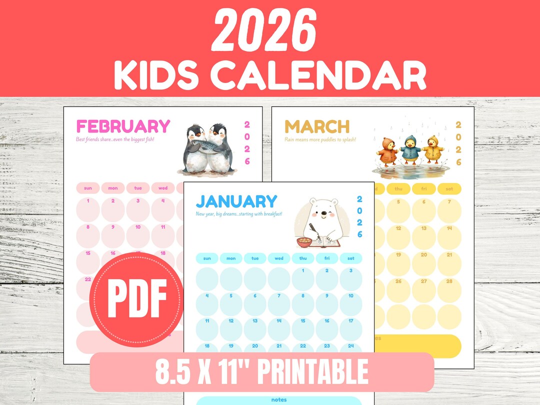 2026 Kids Calendar Printable – SEL Classroom Calendar, Jan to Dec Cute ...