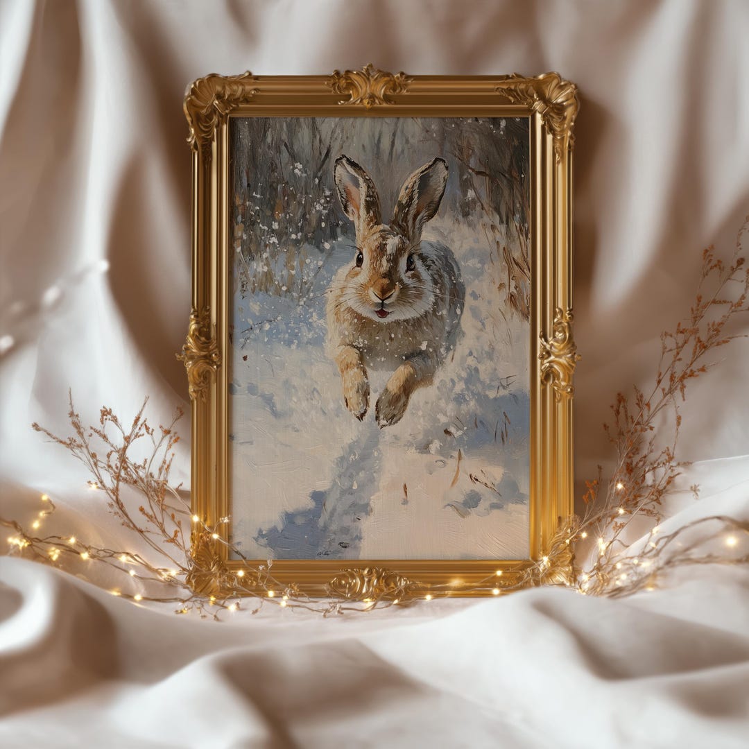 Christmas Hare in Snowy Field Painting - Rustic Winter Scene, Festive ...