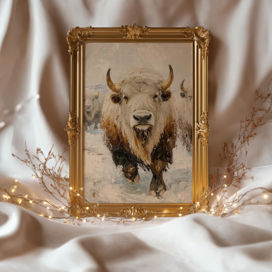 Printable Winter Musk Ox Painting - Rustic Animal Art, Snowy Scene ...