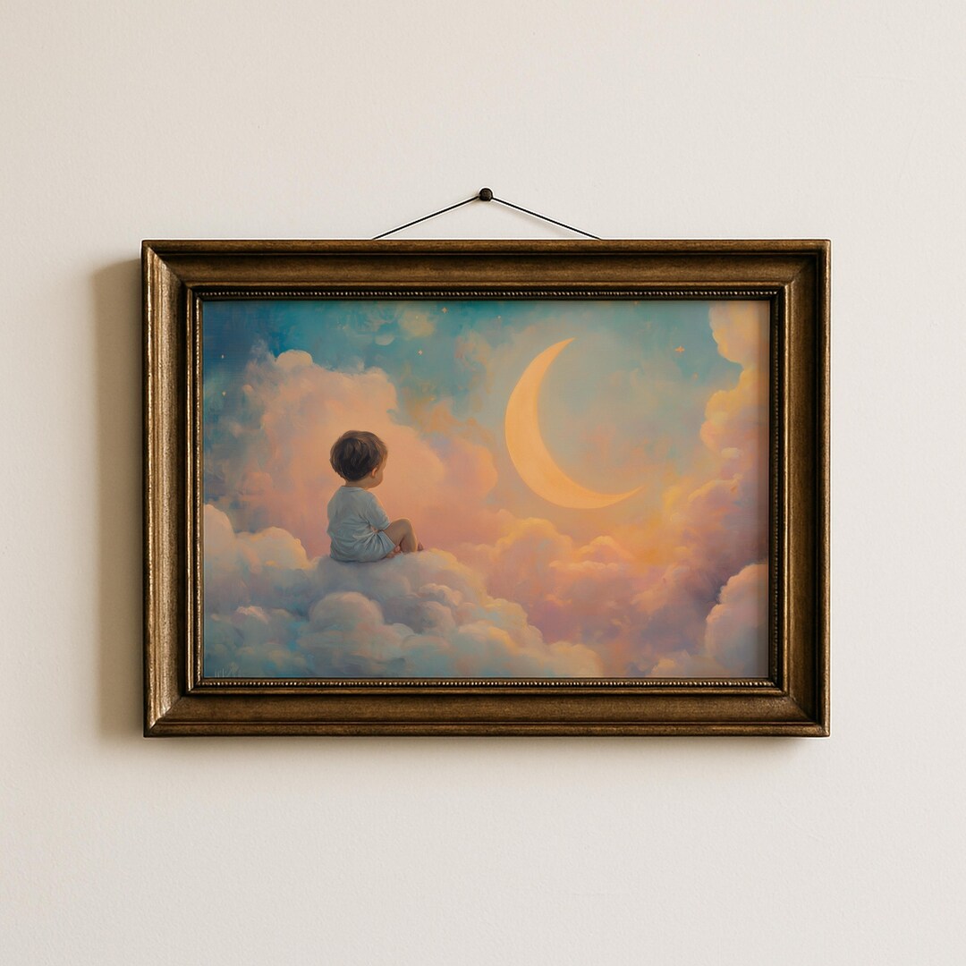 Dreamy Child on Pastel Clouds - Printable Nursery Wall Art, Whimsical ...