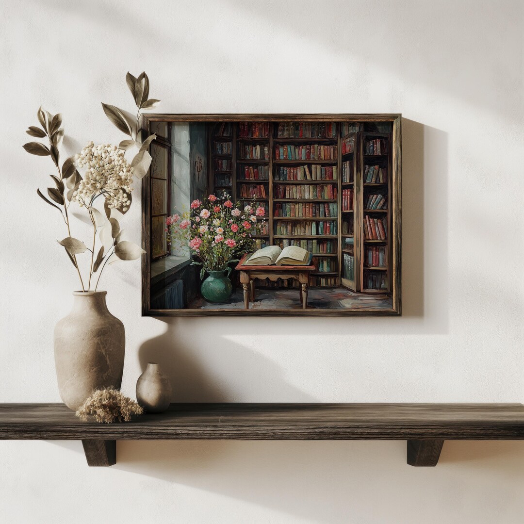 Vintage Library Reading Room Printable - Cozy Interior Oil Painting ...