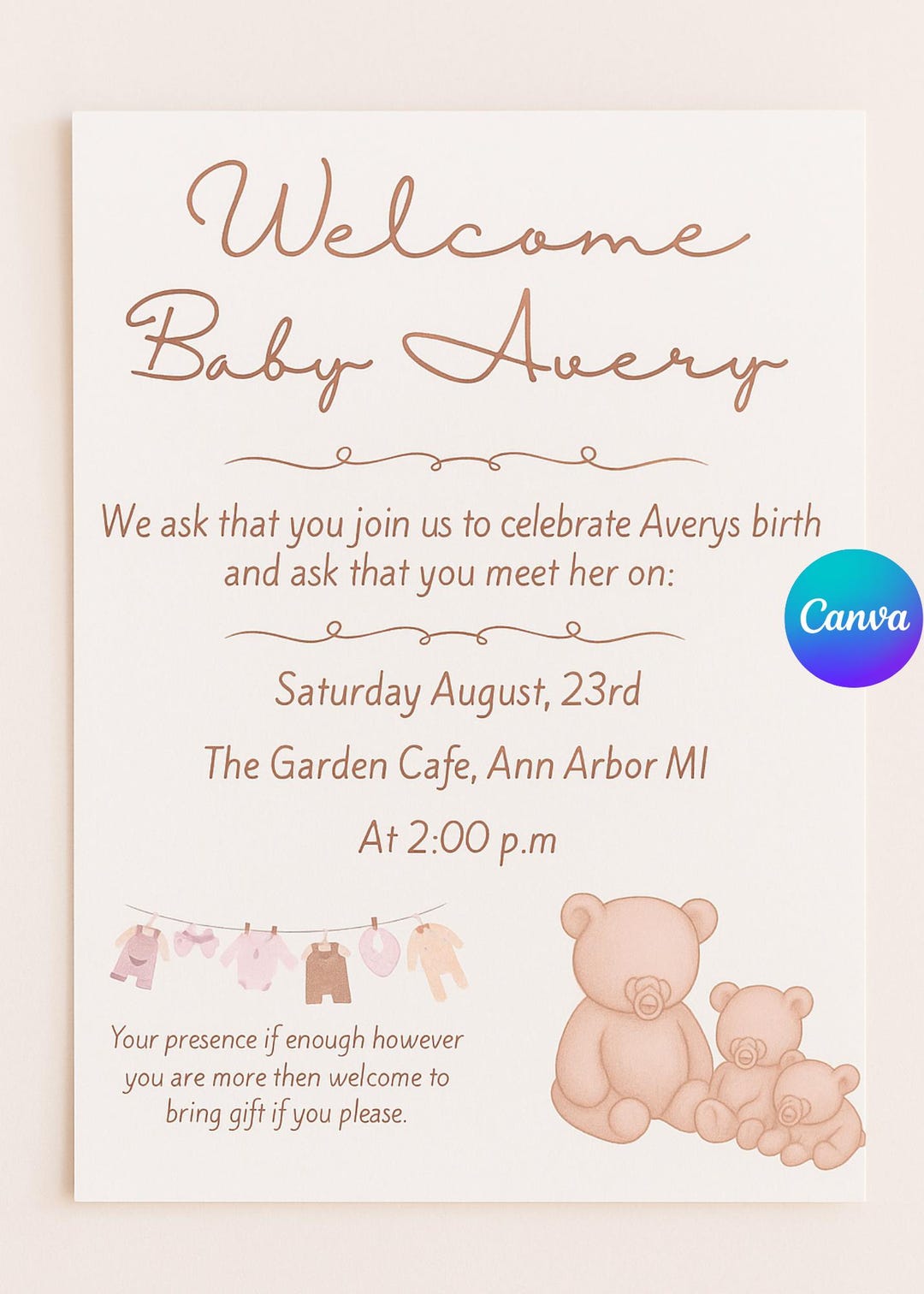 Welcome Baby Invitation Template Editable Canva Card Neutral Baby ...