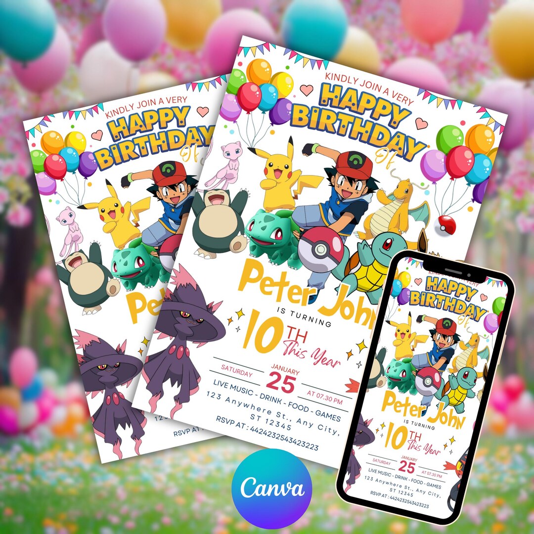 Editable Pokémon Birthday Invitation Template – Customizable Party ...