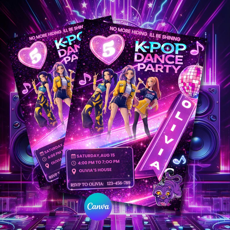 K-pop Demon Hunters Birthday Invitation Canva Template | Editable ...